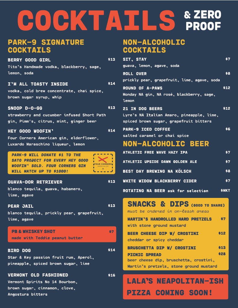 Dog Bar Food and Drink Menus - Humans and Dogs, Too! — Park-9 Dog Bar