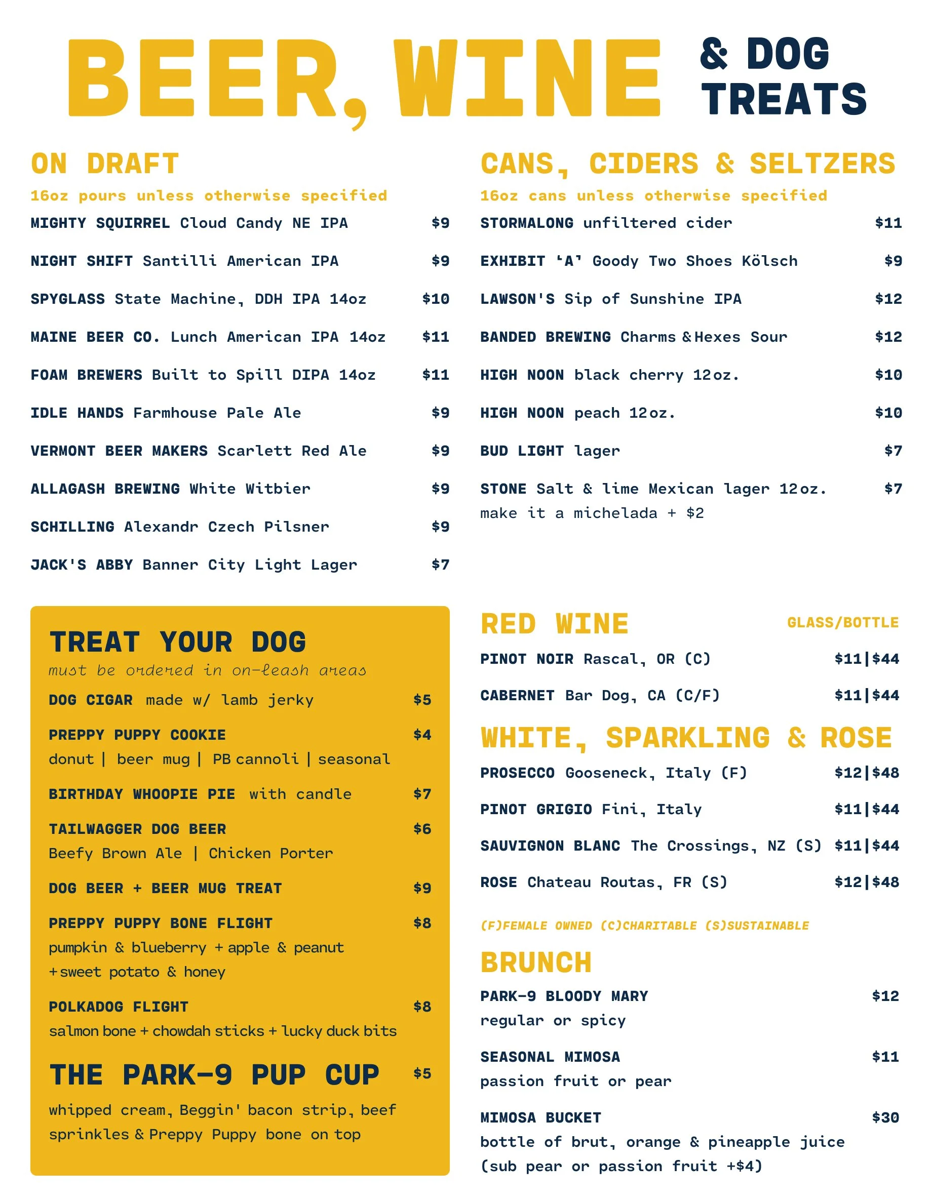 Dog Bar Food and Drink Menus - Humans and Dogs, Too! — Park-9 Dog Bar