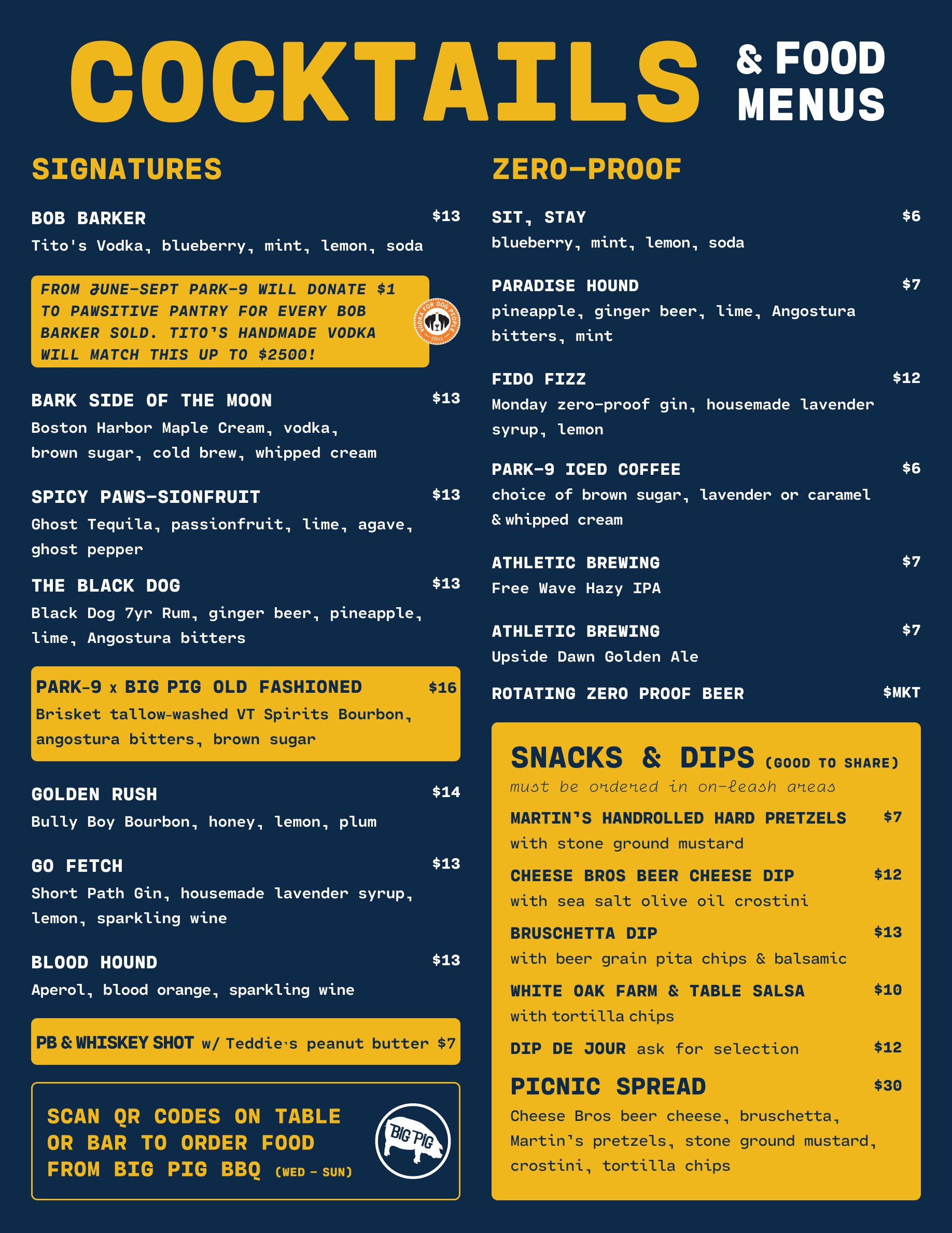 Dog Bar Food and Drink Menus - Humans and Dogs, Too! — Park-9 Dog Bar