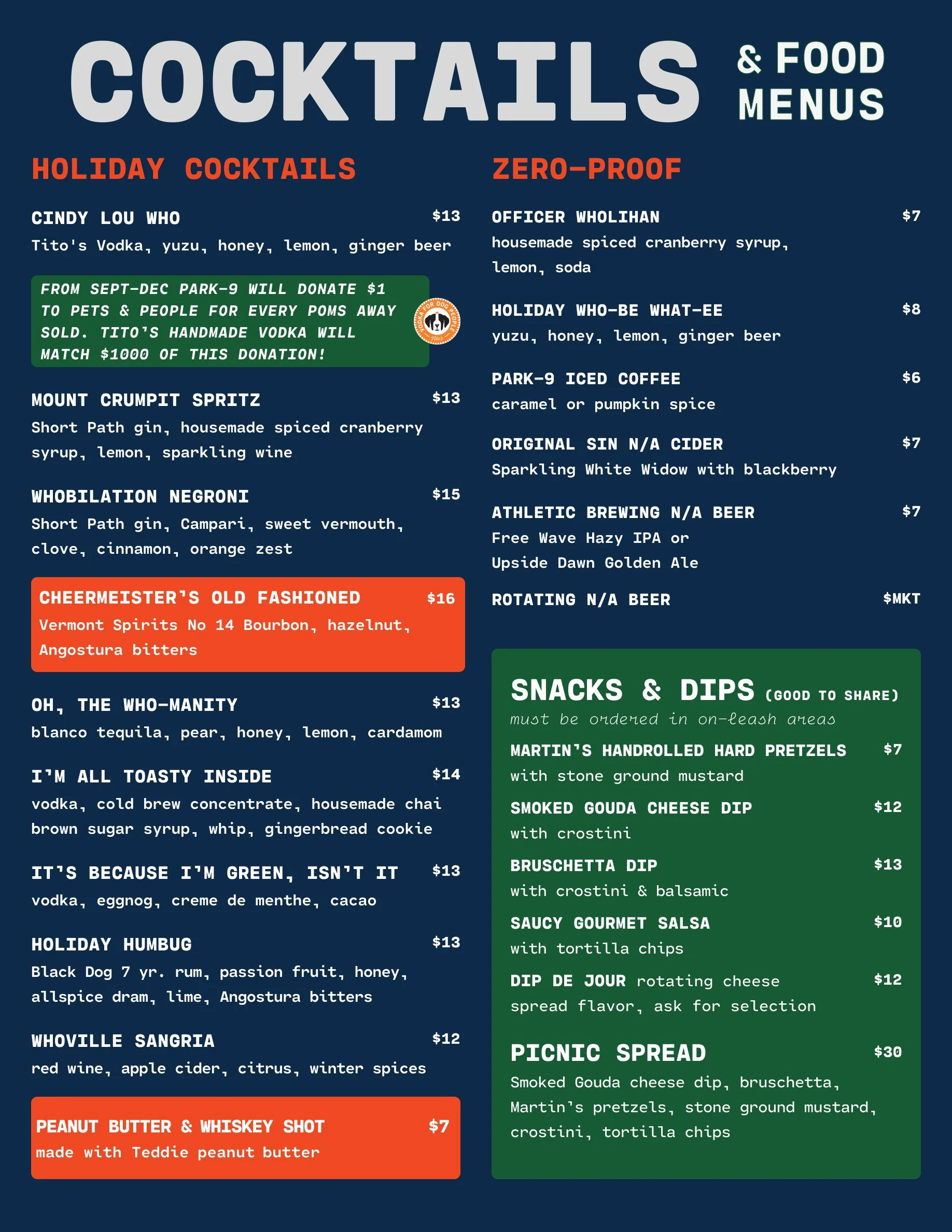 Dog Bar Food and Drink Menus - Humans and Dogs, Too! — Park-9 Dog Bar