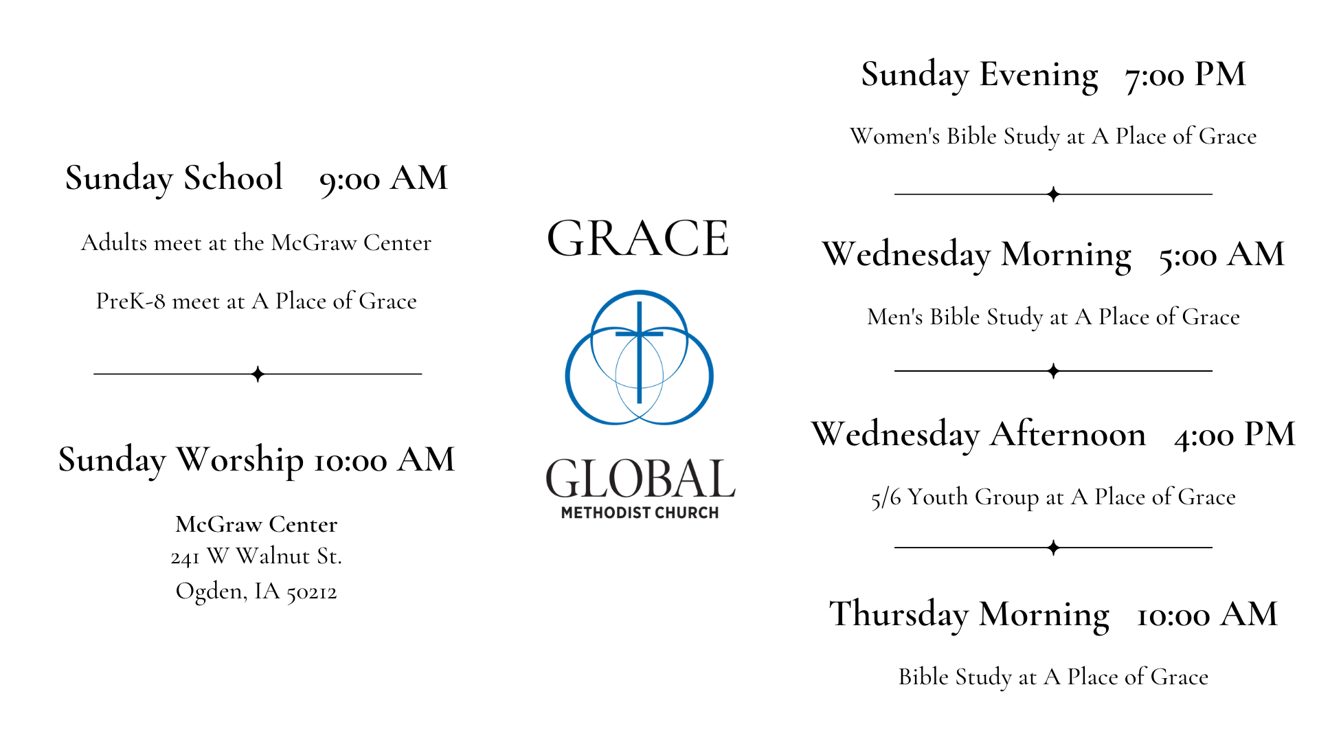 Events Each Week — Grace Global Methodist Church | Ogden, Iowa