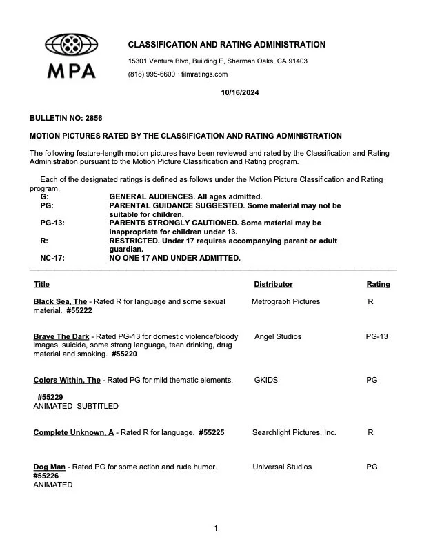 MPA Ratings Classifications: VENOM: THE LAST DANCE, A COMPLETE UNKNOWN ...