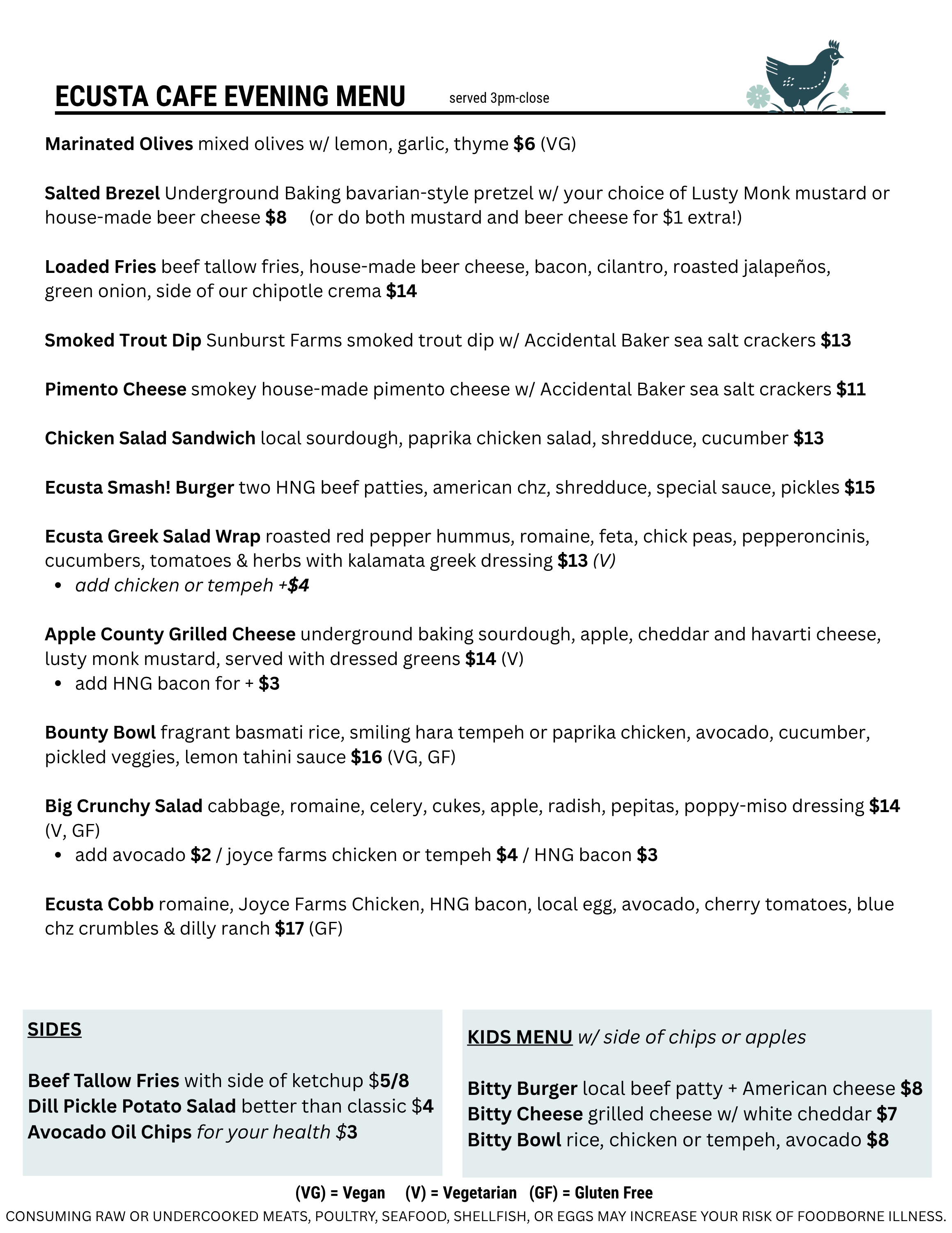 Evening Menu — Ecusta Market & Cafe