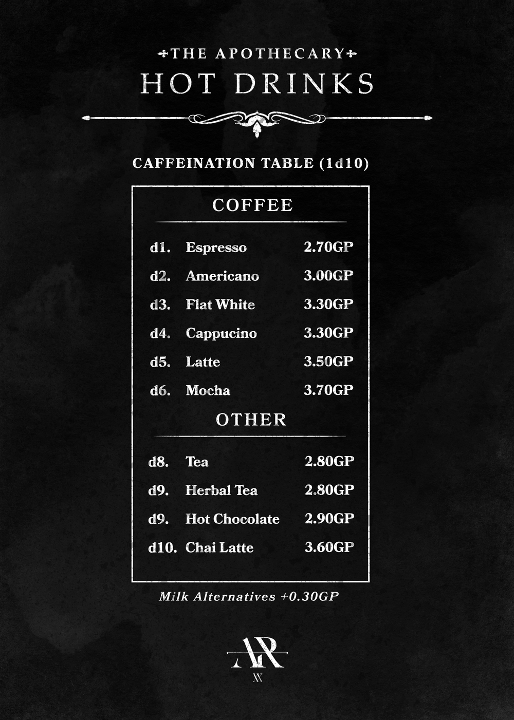 Drinks Menu — Alchemy Games