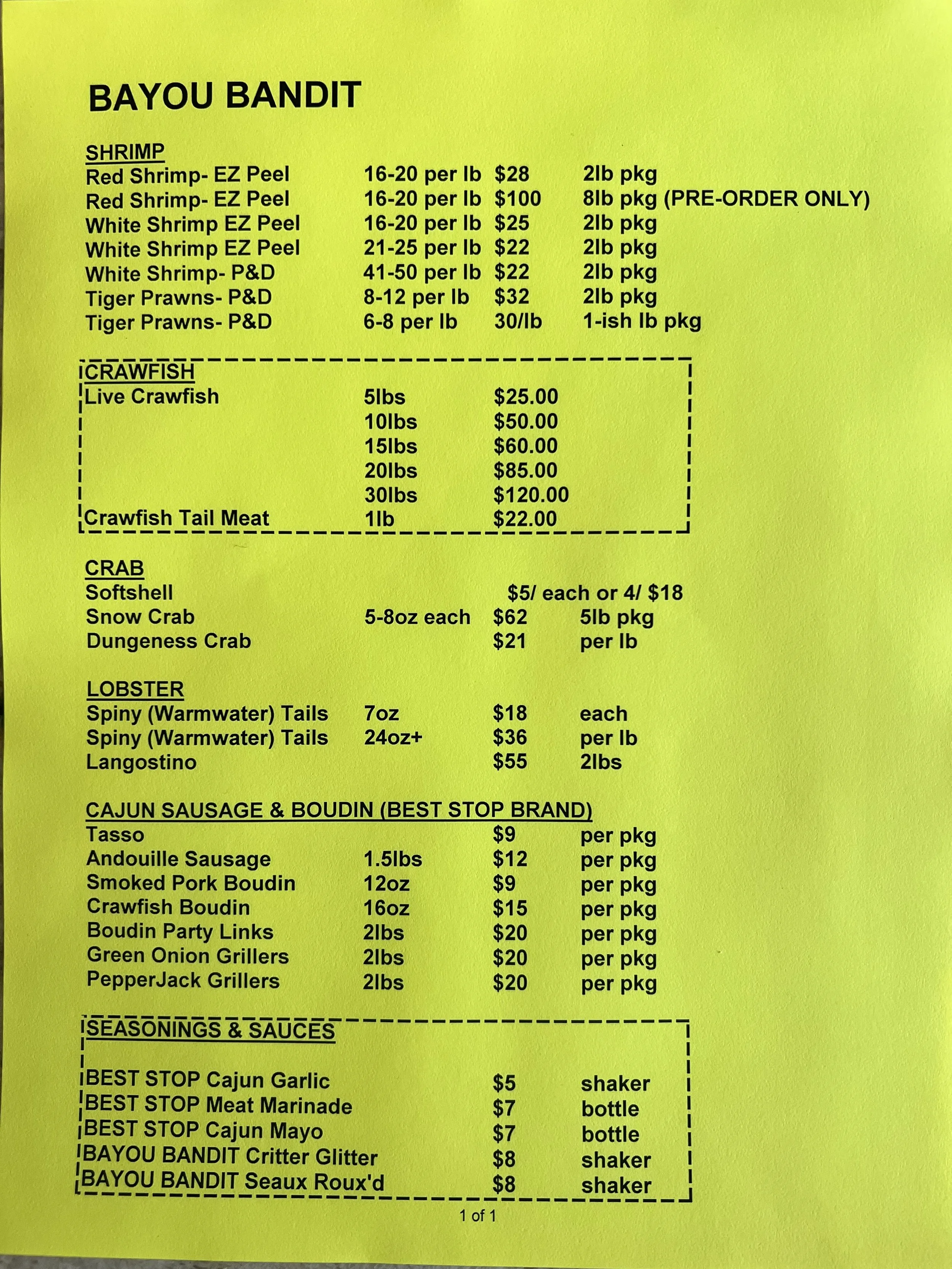 MENU & SALES — The Bayou Bandit