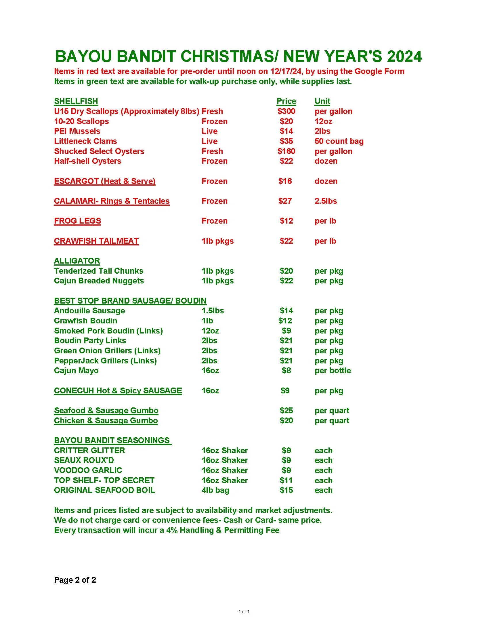 MENU & SALES — The Bayou Bandit