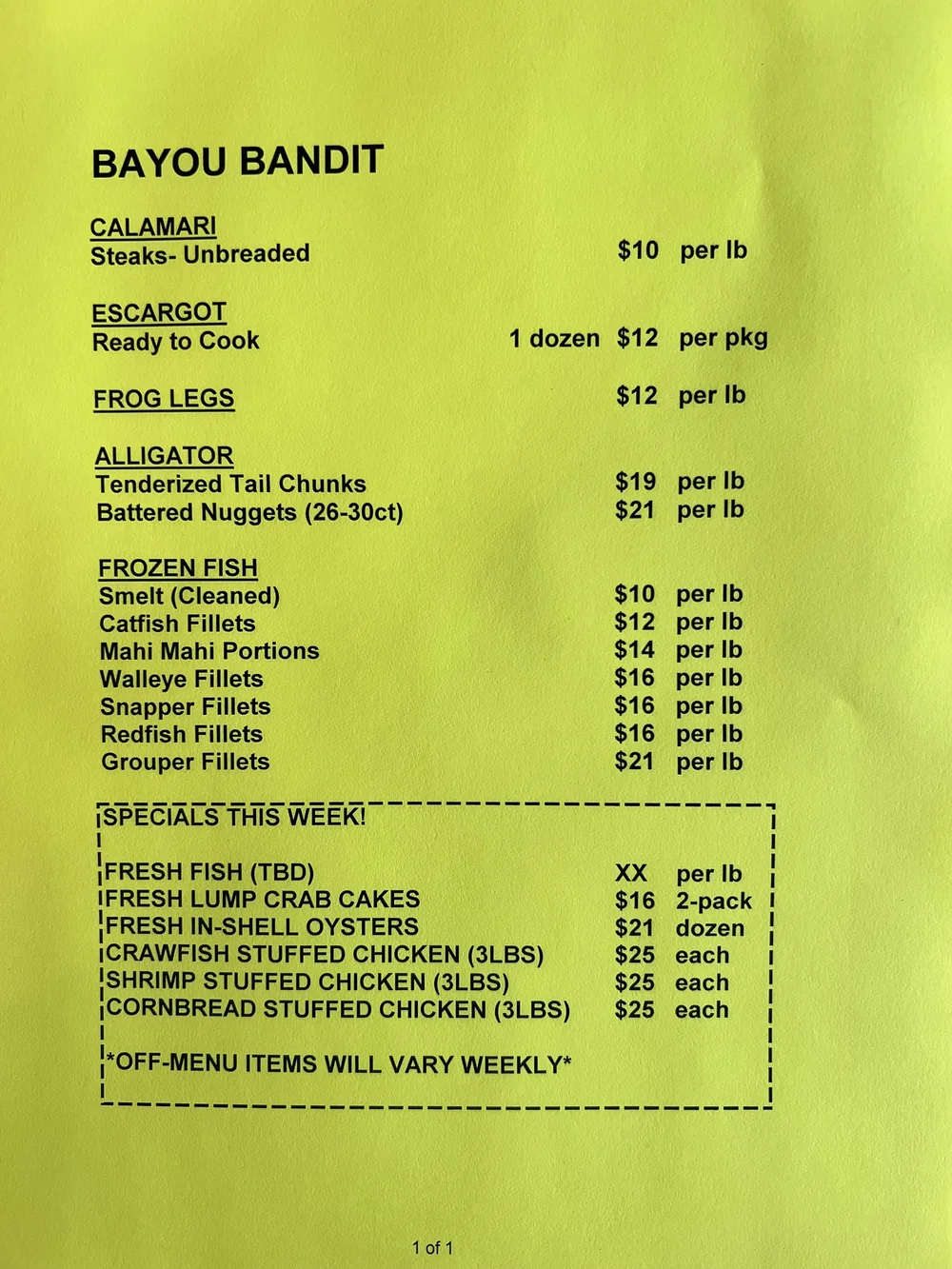 MENU & SALES — The Bayou Bandit