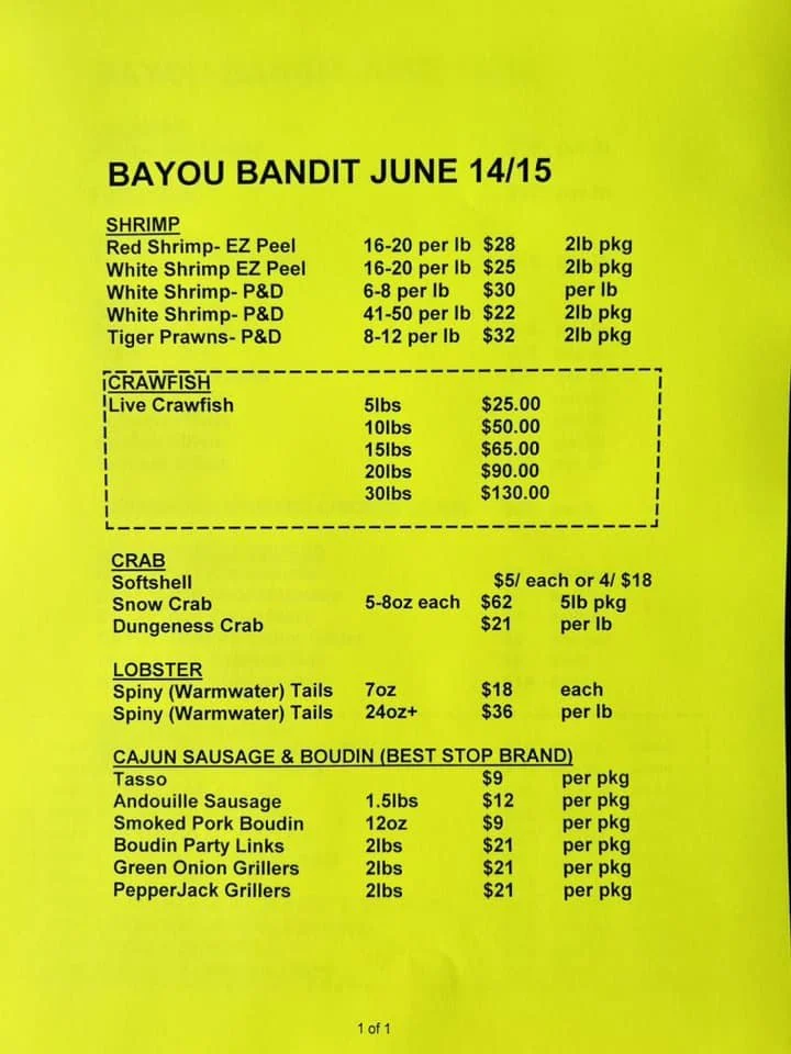 MENU & SALES — The Bayou Bandit