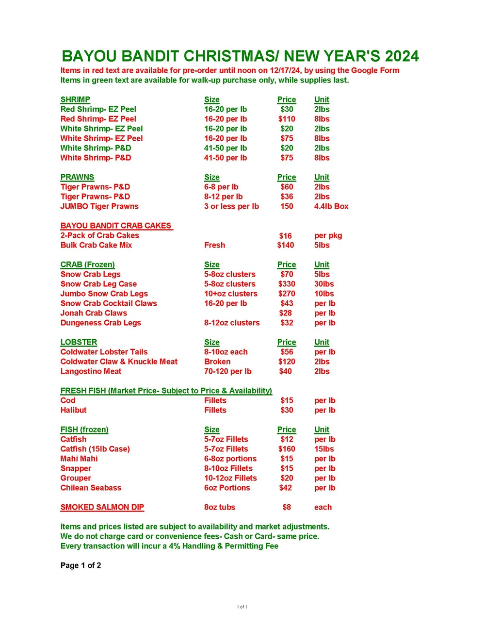 MENU & SALES — The Bayou Bandit