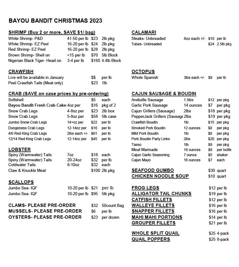 MENU & SALES — The Bayou Bandit