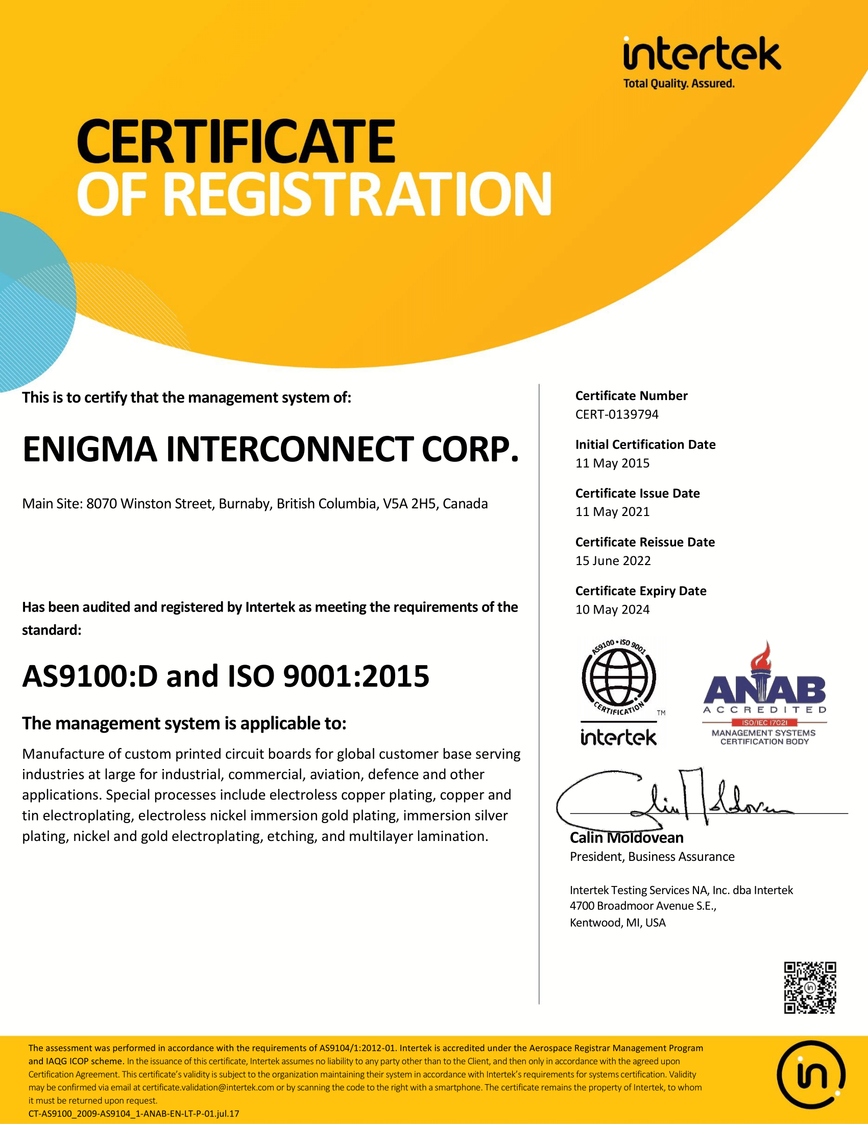 Quality — Enigma Interconnect Corp.