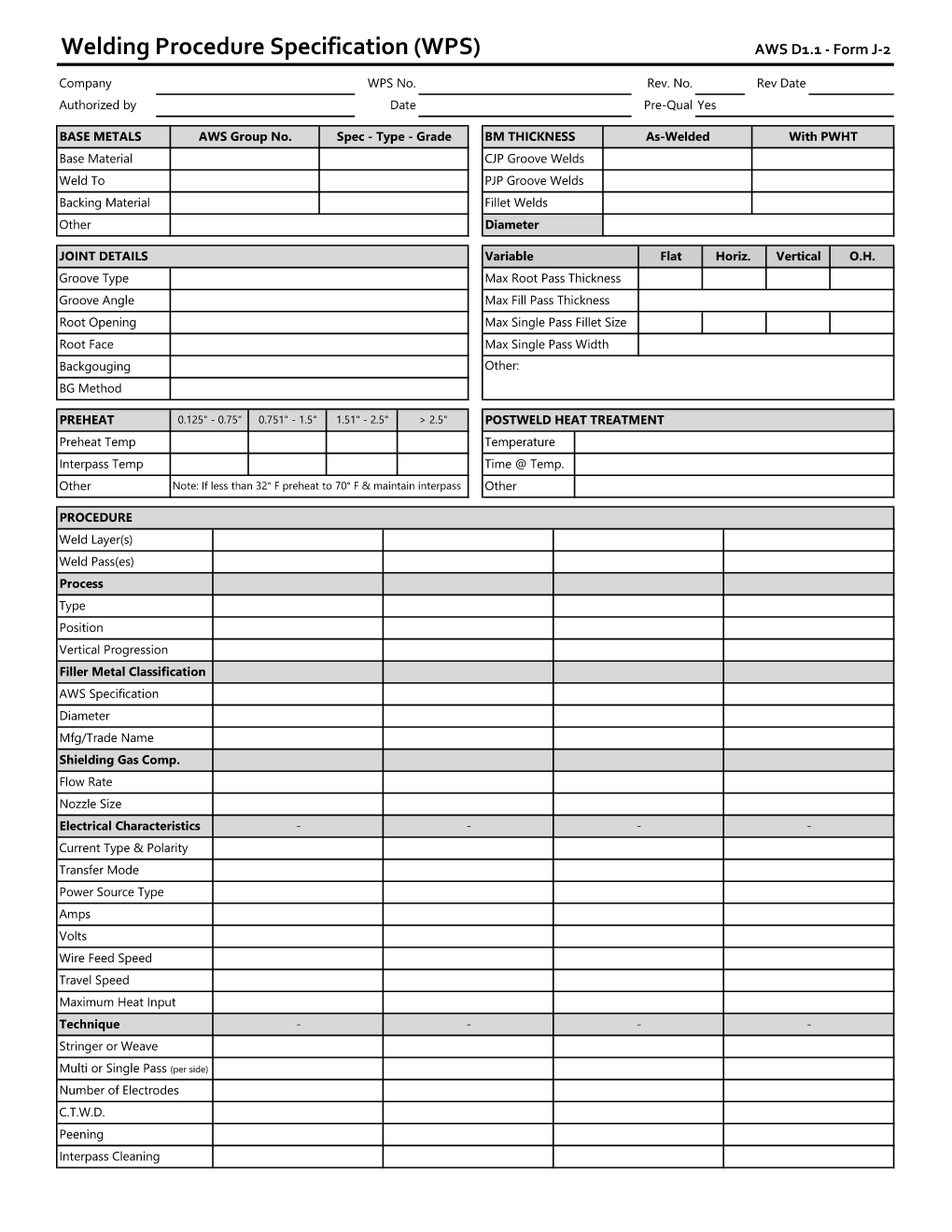 WPS AWS D1.1 Form J-2 — QUALITY INSPECTION FORMS
