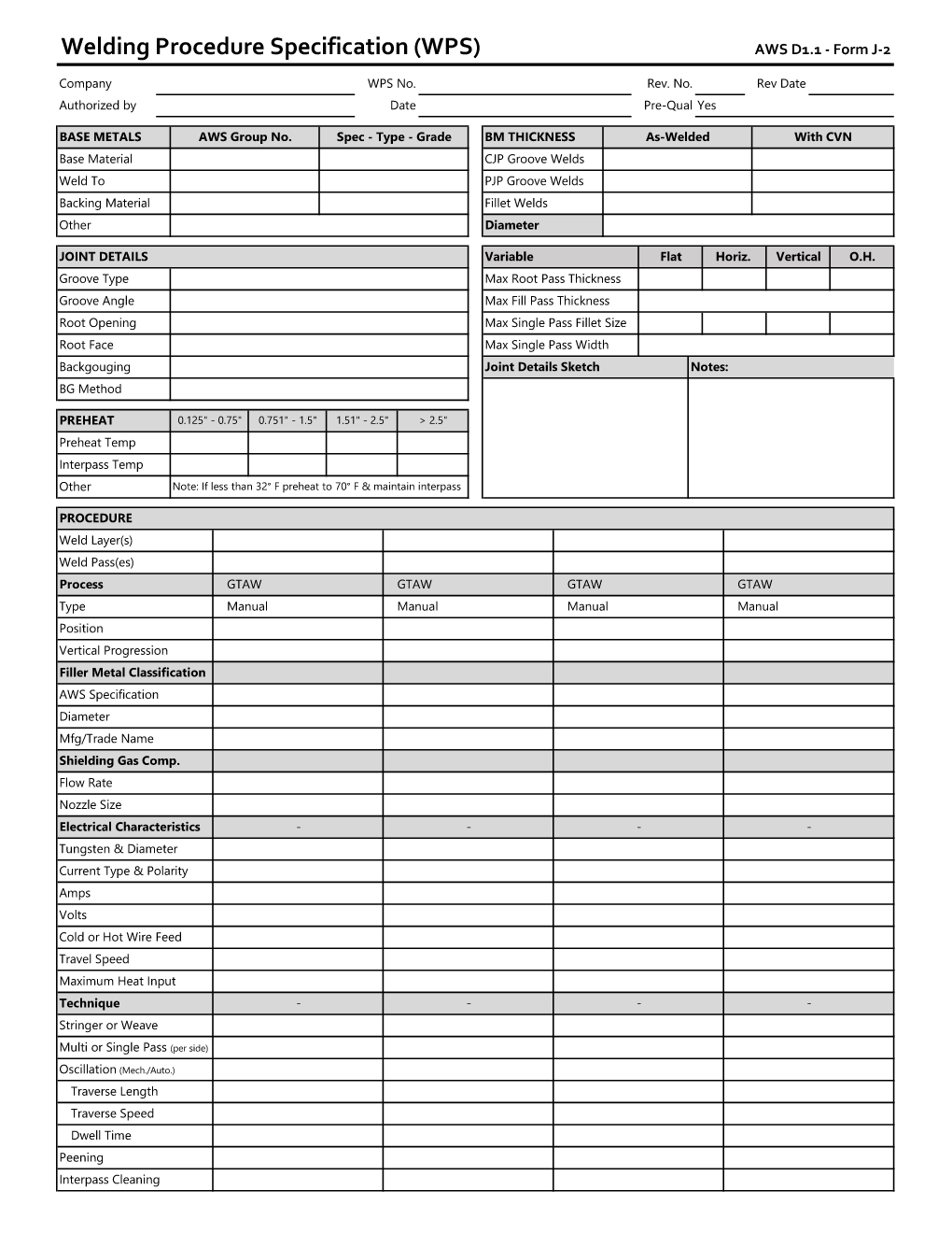 WPS AWS D1.1 Form J-2 — QUALITY INSPECTION FORMS