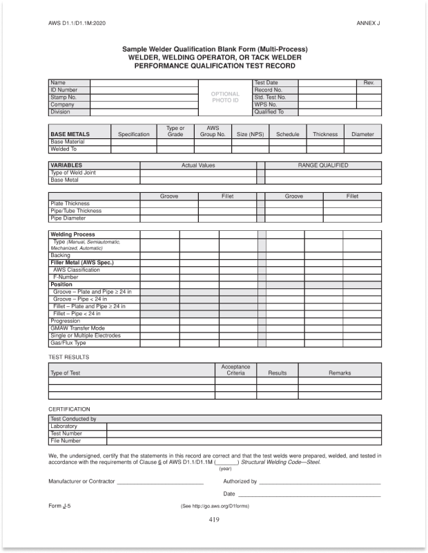 AWS D1.1 Welder Qualification References — QUALITY INSPECTION FORMS