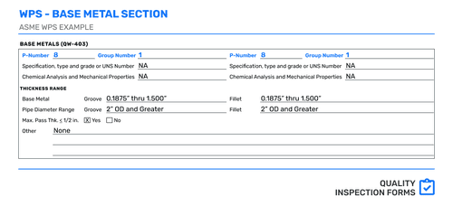 ASME P-NUMBERS — QUALITY INSPECTION FORMS
