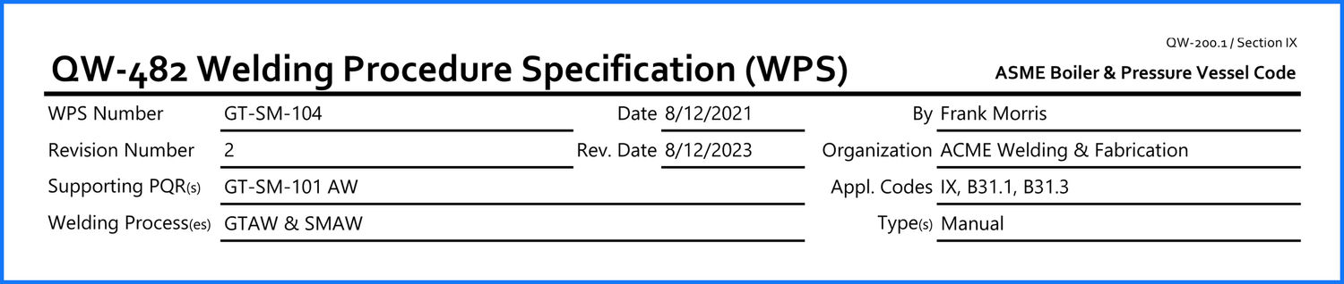 ASME WPS Form Header — QUALITY INSPECTION FORMS