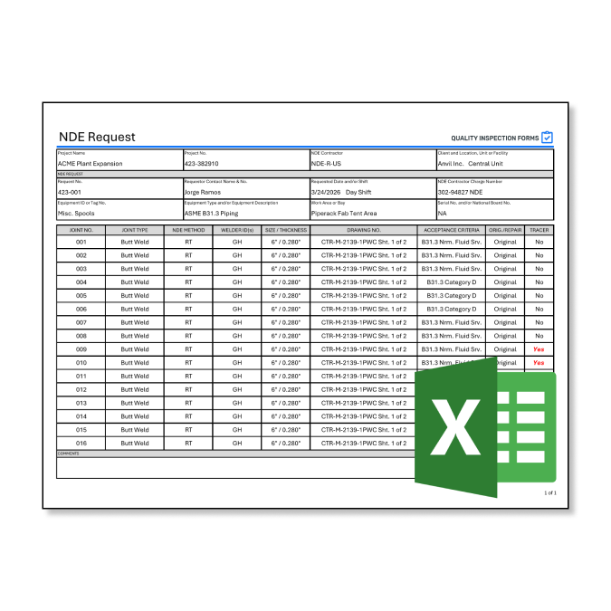Weld Log - Piping — QUALITY INSPECTION FORMS