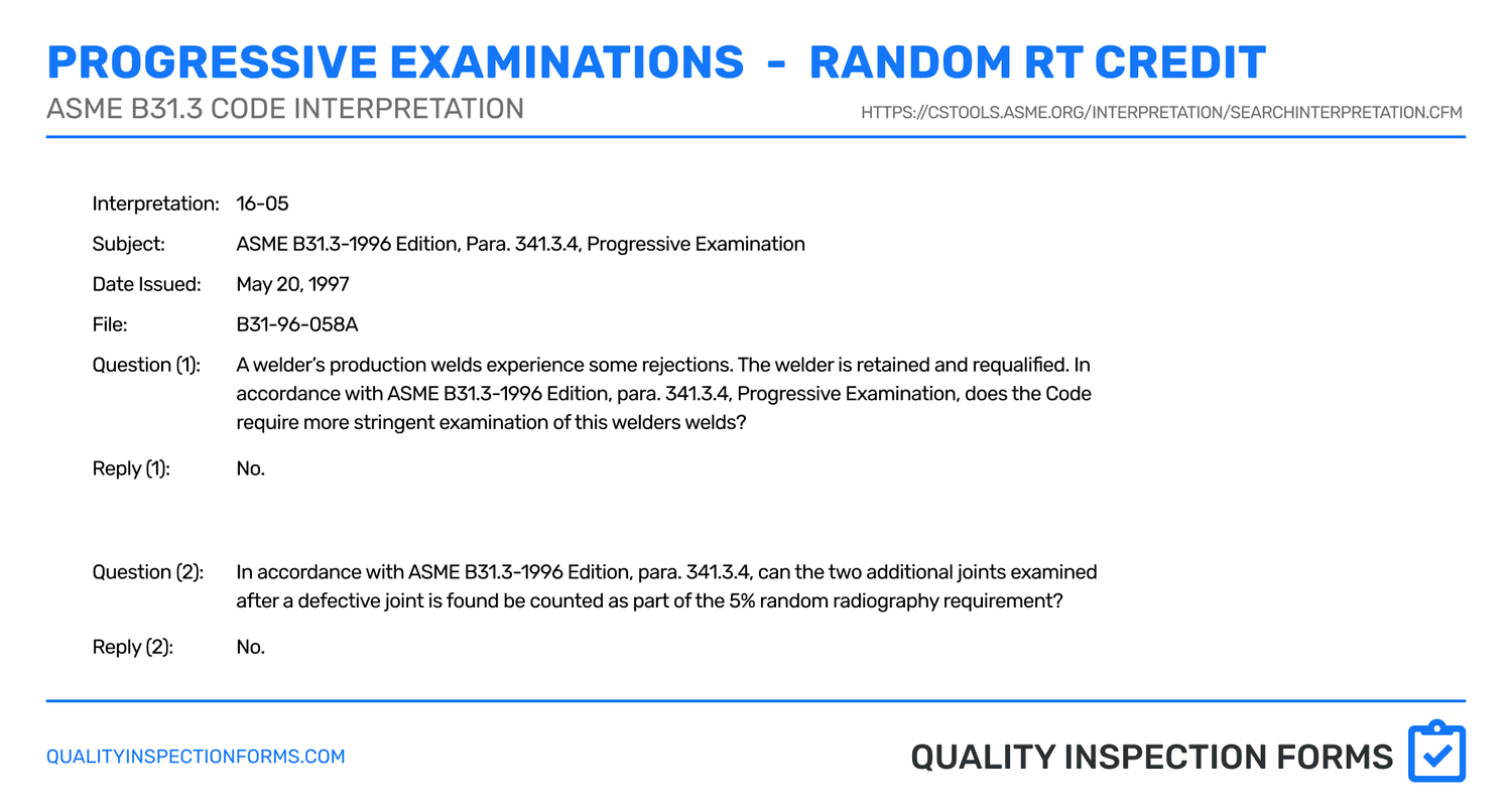 PROGRESSIVE WELD SAMPLING — QUALITY INSPECTION FORMS