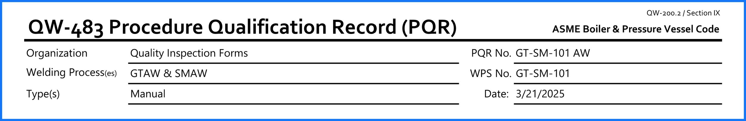 16 Sections of a Section IX PQR — QUALITY INSPECTION FORMS