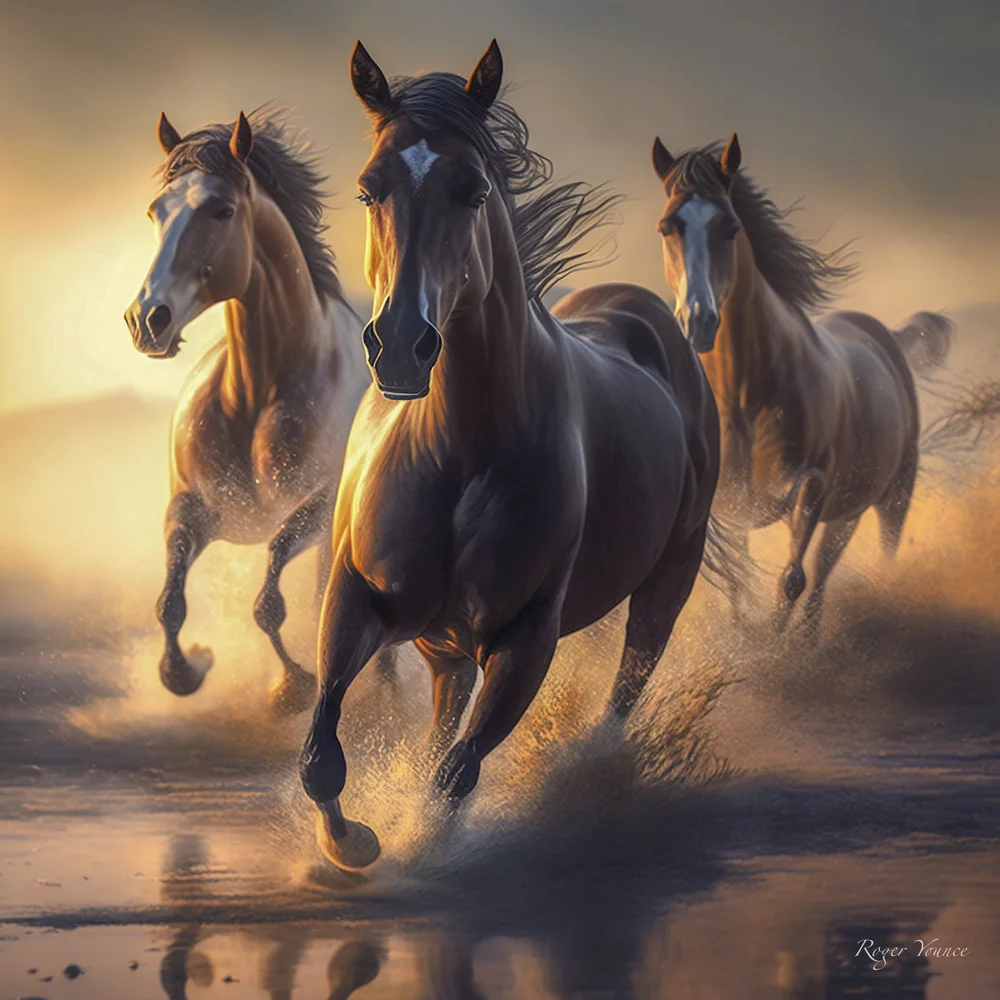 Wild Horses Running On Beach