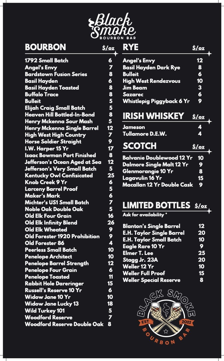Drink Menu — Black Smoke Bourbon Bar