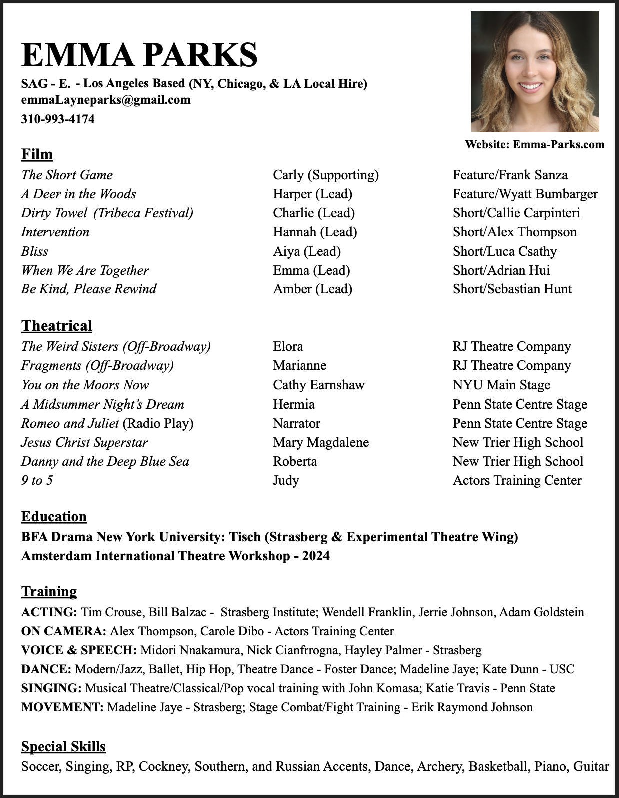 Resume, Headshot, & Reel — Emma Parks