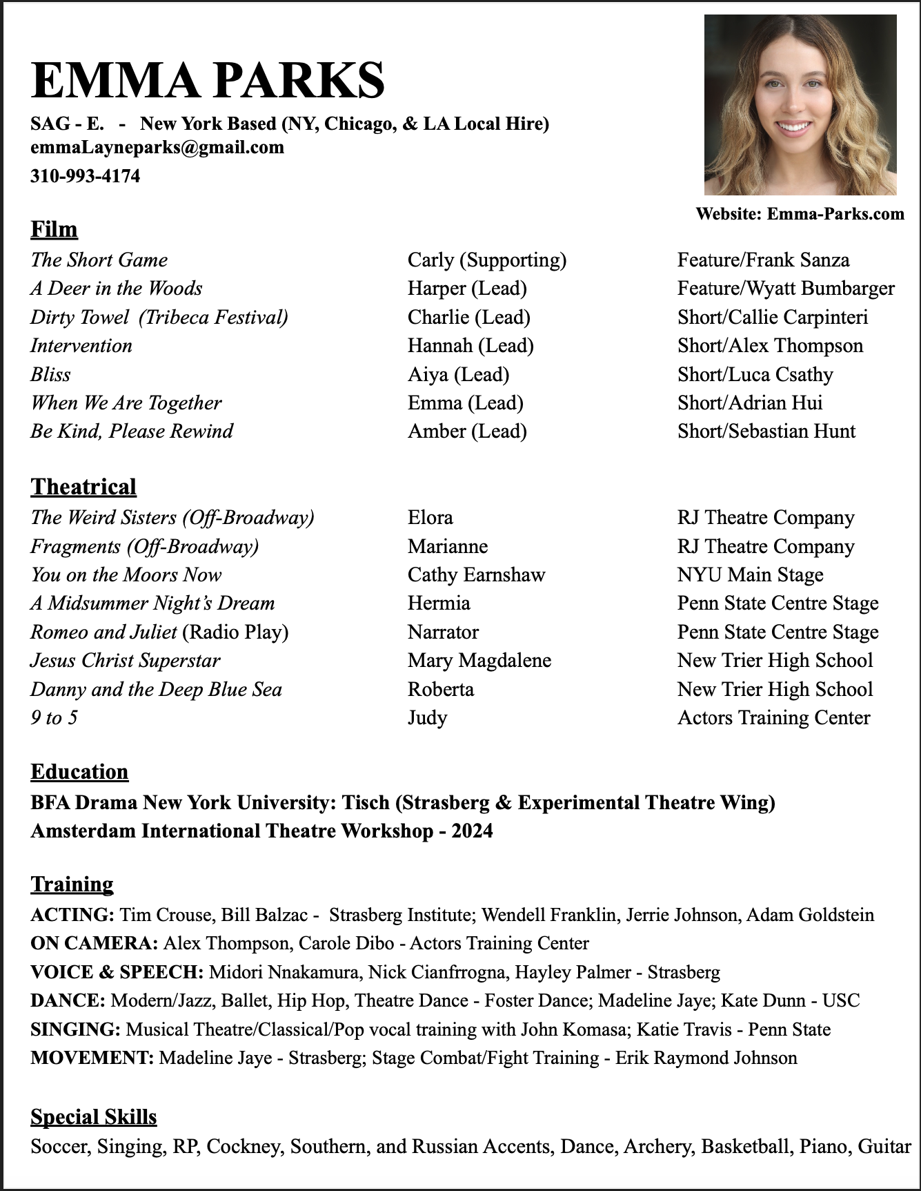 Resume, Headshot, & Reel — Emma Parks