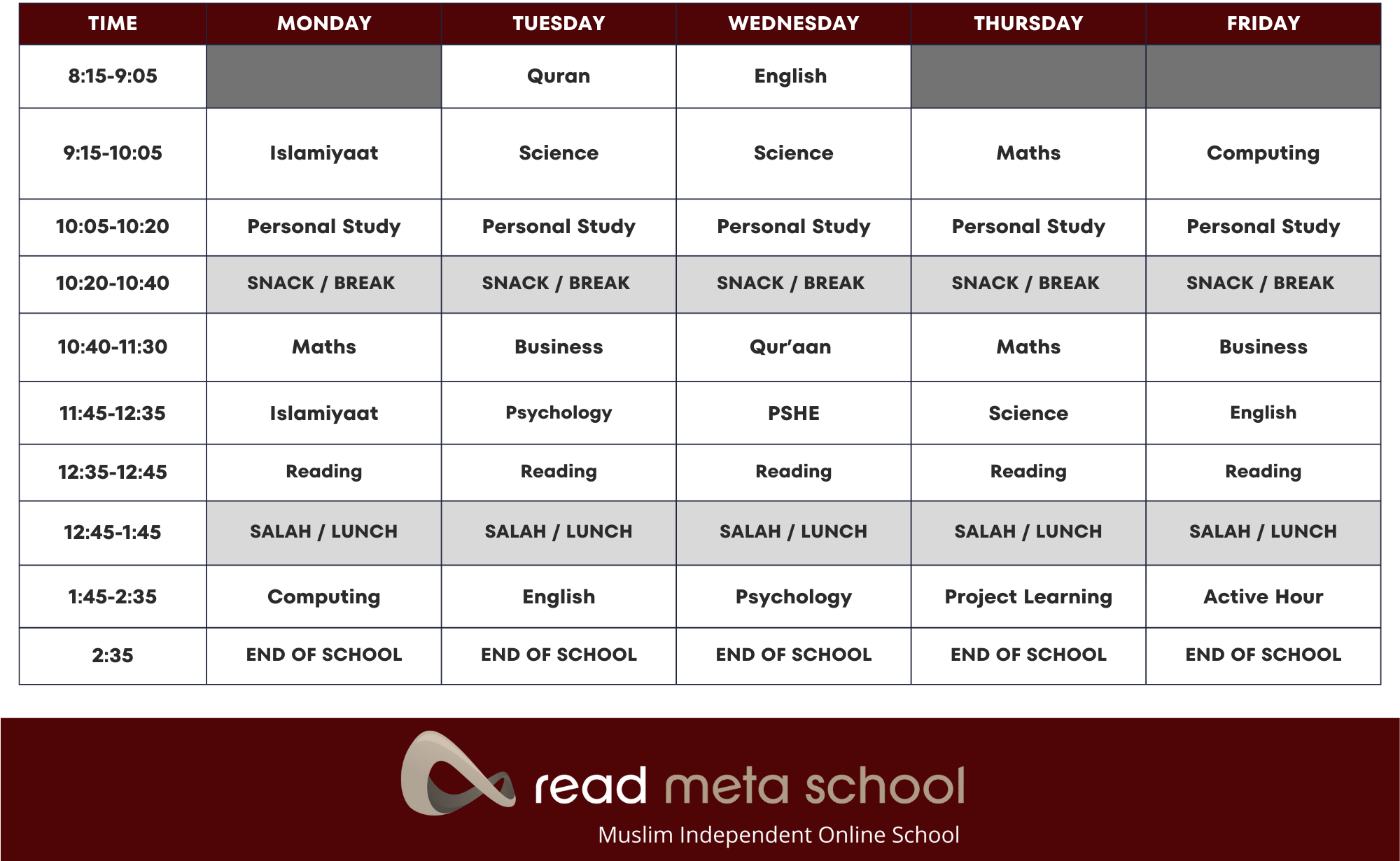 School Timetable | Read Meta School