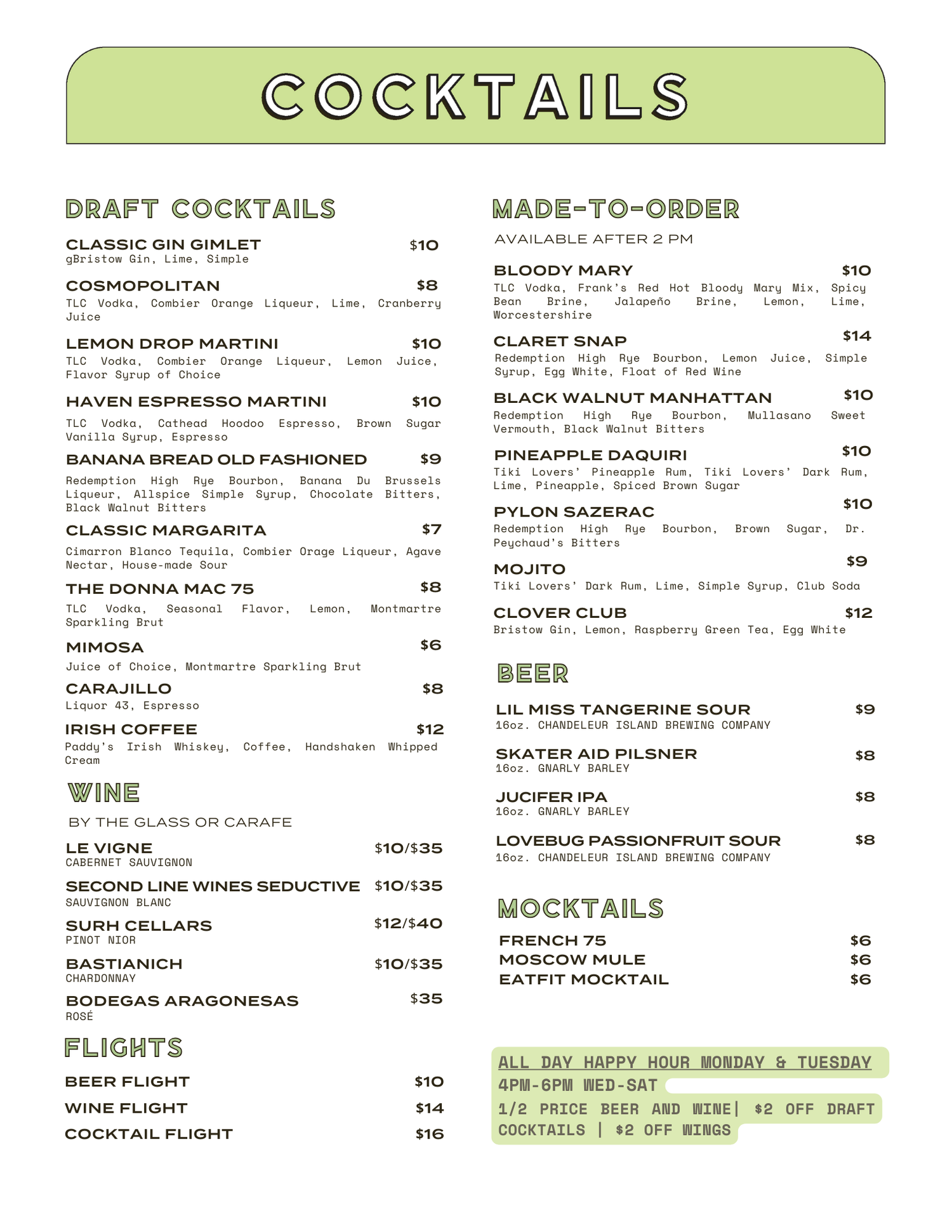 MENU — Haven Coffee & Cocktails