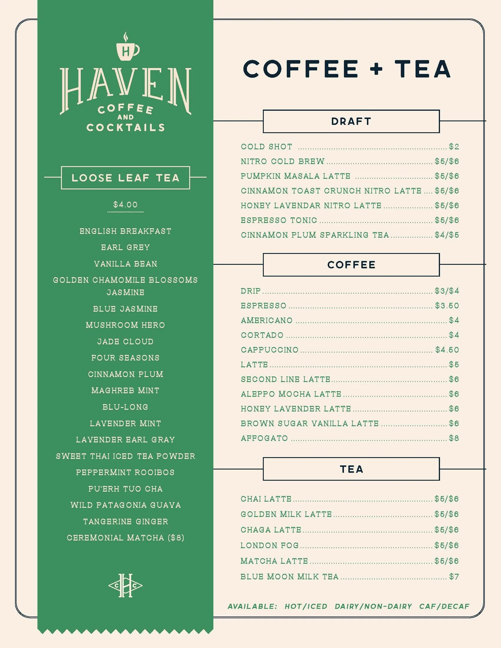 Menu — Haven Coffee + Cocktails