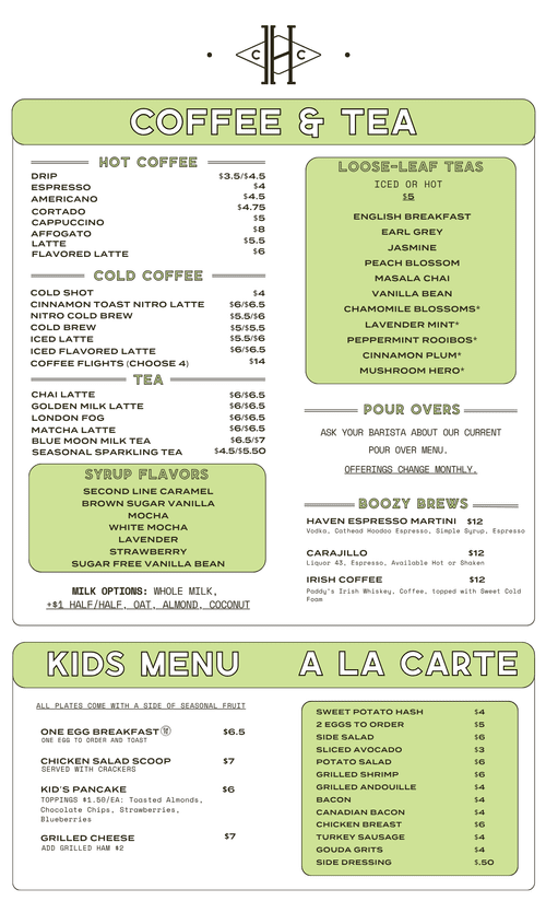 Menu — Haven Coffee & Cocktails