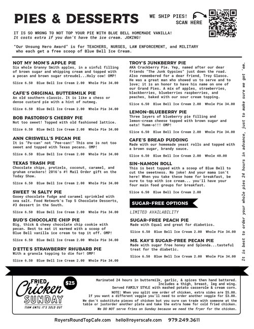 Dinner Menu — Royers Round Top Cafe