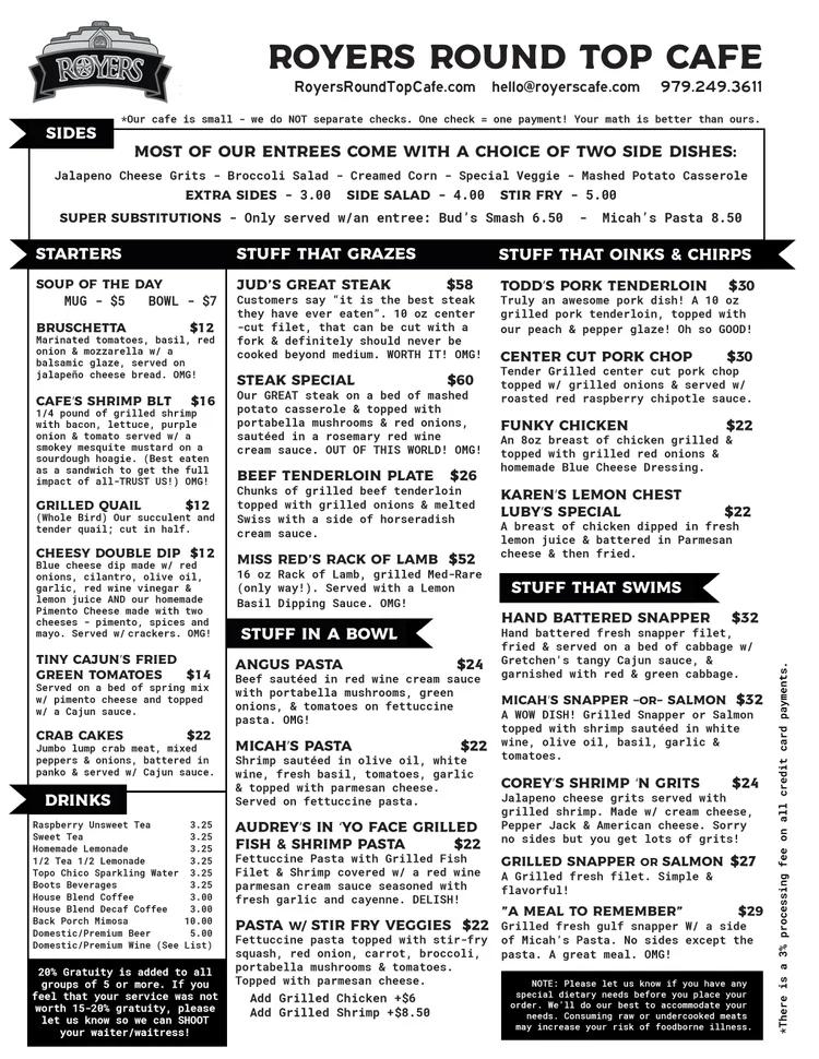 Dinner Menu — Royers Round Top Cafe