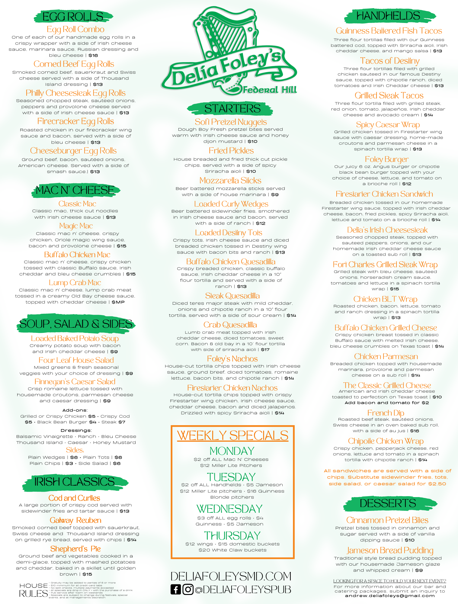 Menu — Delia Foley's Pub | Federal Hill