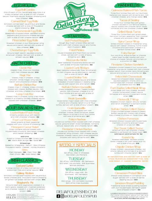 Menu — Delia Foley's Pub | Federal Hill