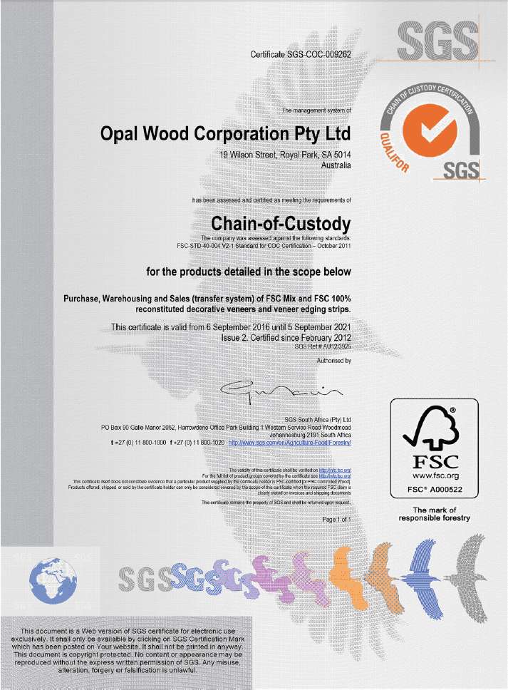 Certification — Opal Wood Timber Veneer