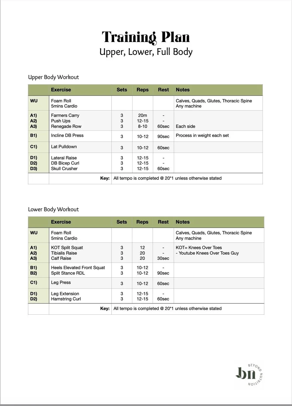 Weight Training Plan — Beyond Nutrition