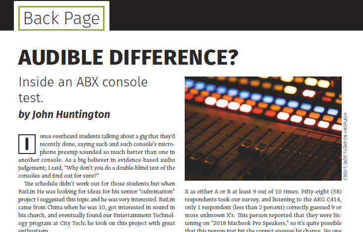 Live Sound International Piece on our ABX Testing — John Huntington