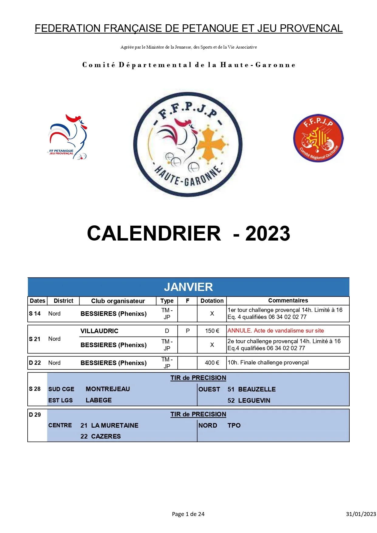 Calendrier des rencontres — La pétanque Saint Jeannaise