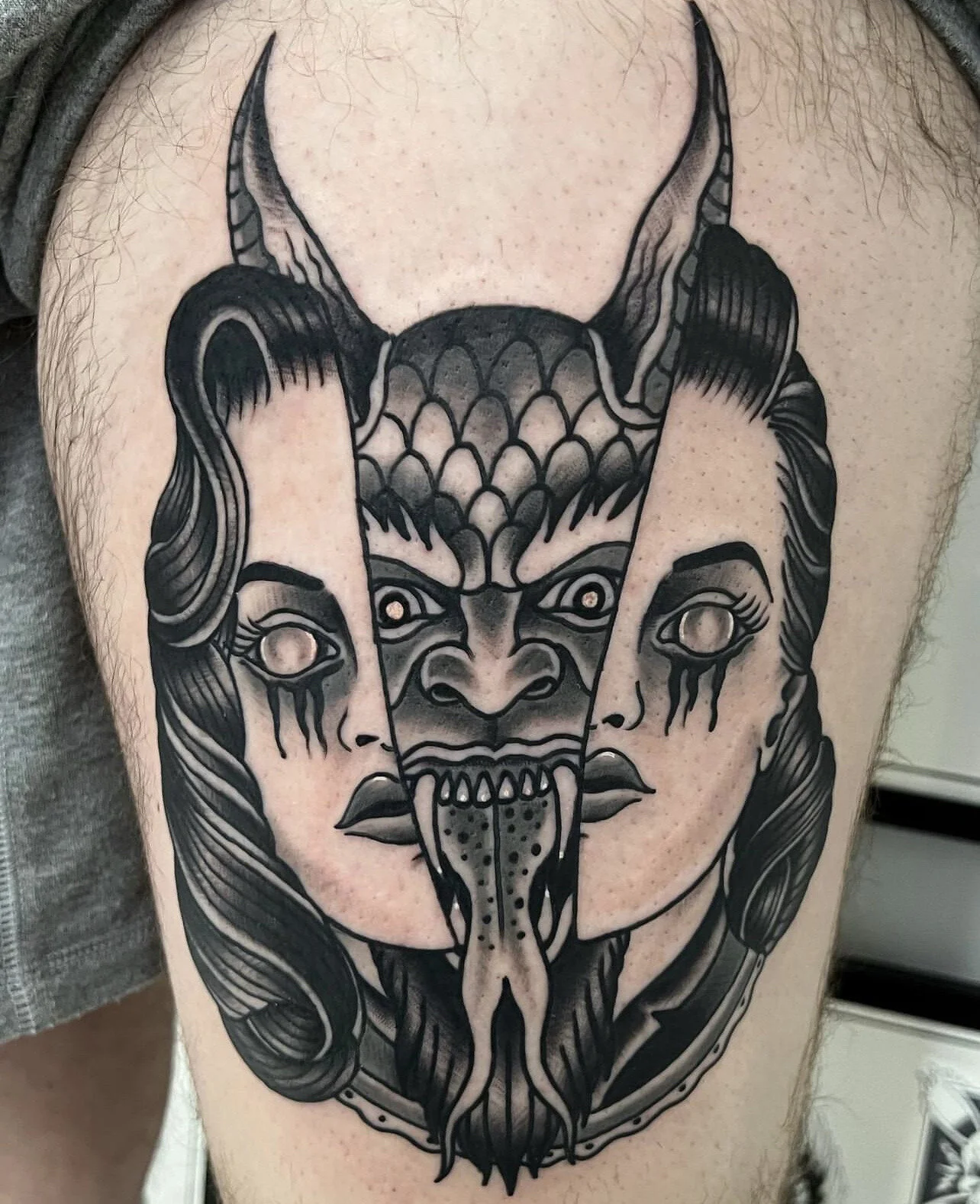Traditional Demon Face Tattoo