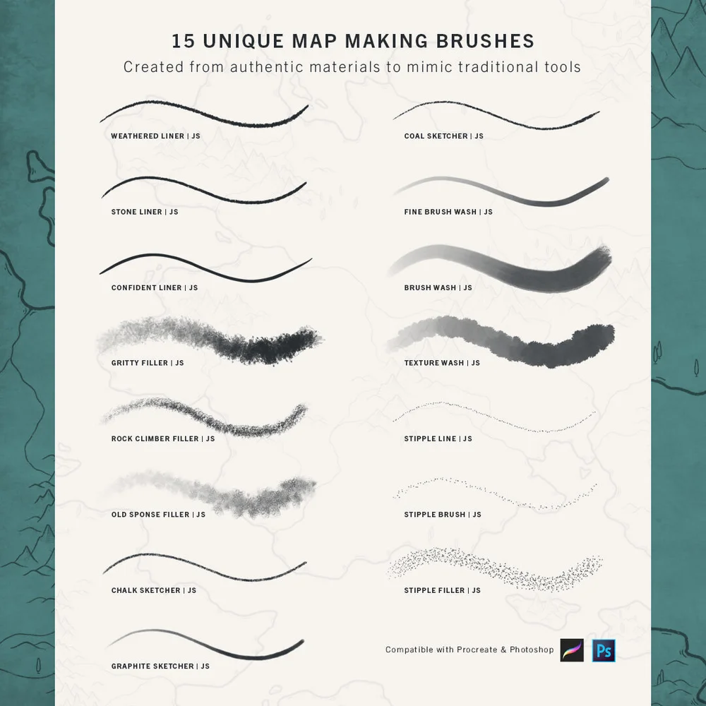 Modern Map Maker Essential Brushes for Procreate & Photoshop — Map Effects
