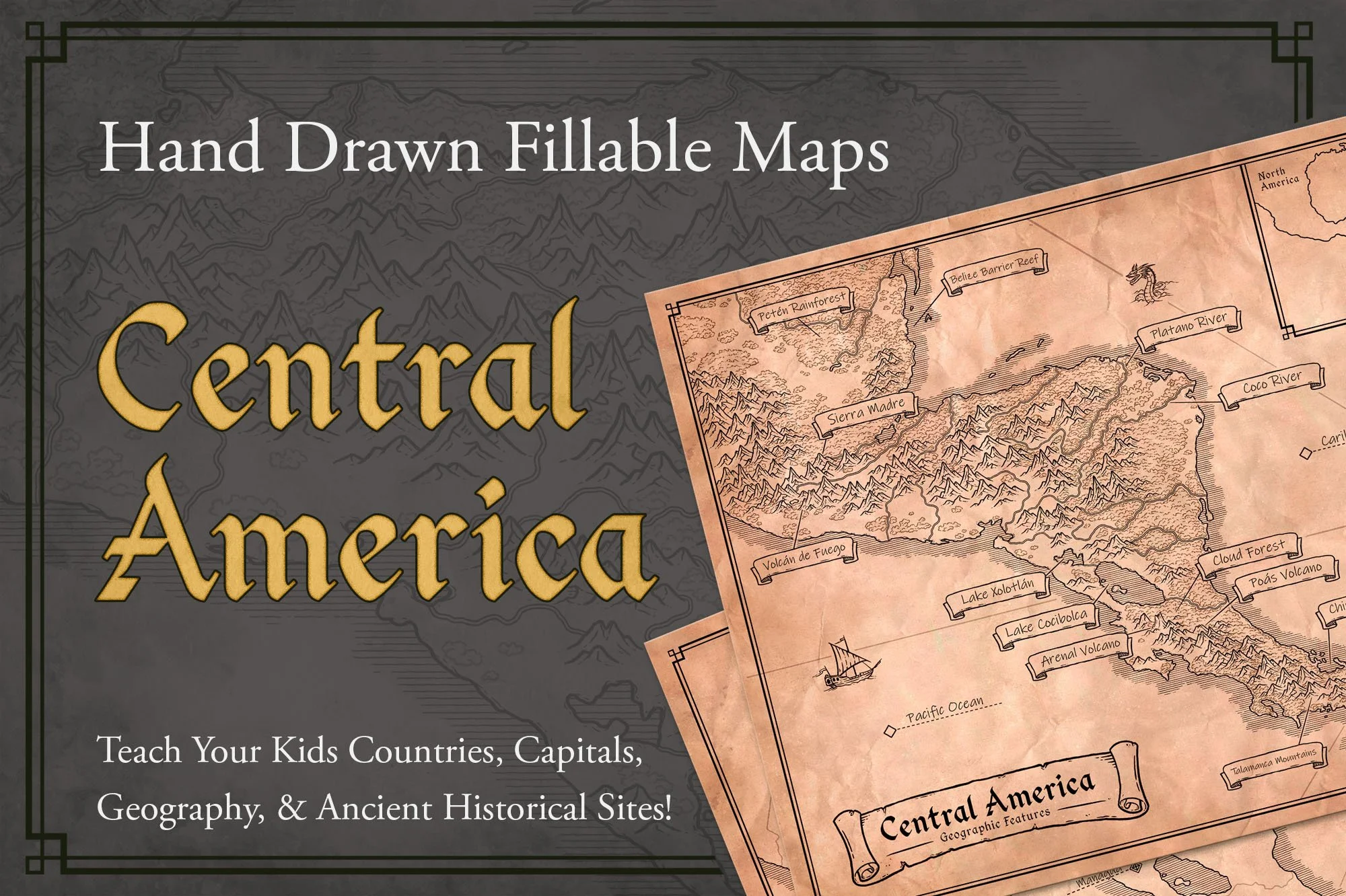 Central America Hand Drawn Fillable Map for Homeschooling — Map Effects