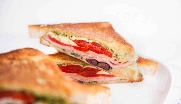 Mortadella, Red Pepper, Bocconcini, & Olive Panini — Good Chef Bad Chef