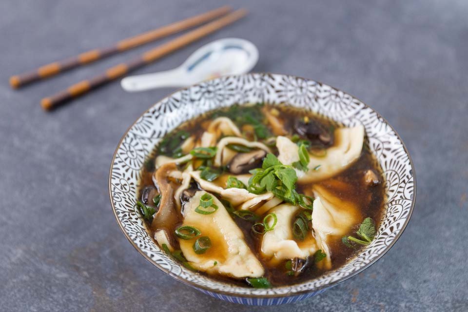 Chicken & Mushroom Dumpling Noodles in Broth — Good Chef Bad Chef