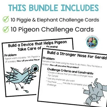 Pigeon and Piggie & Elephant Makerspace Task Cards STEM Challenges ...