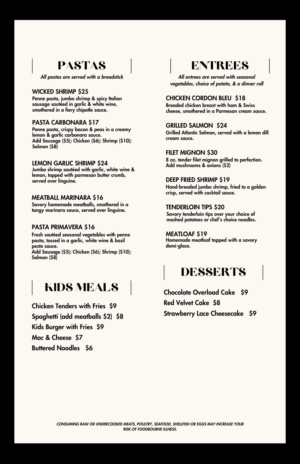 Menu — Ten O One Club