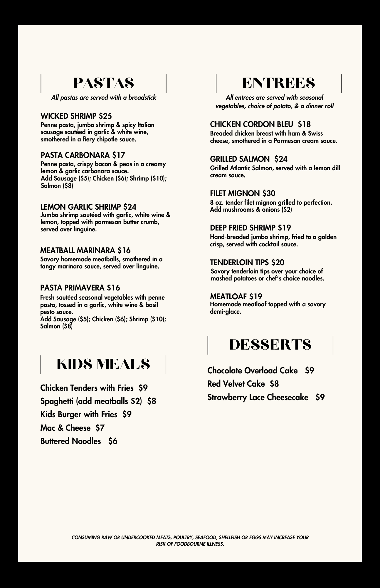 Menu — Ten O One Club