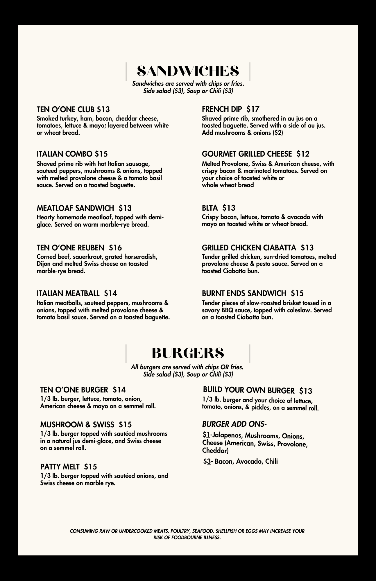 Menu — Ten O One Club