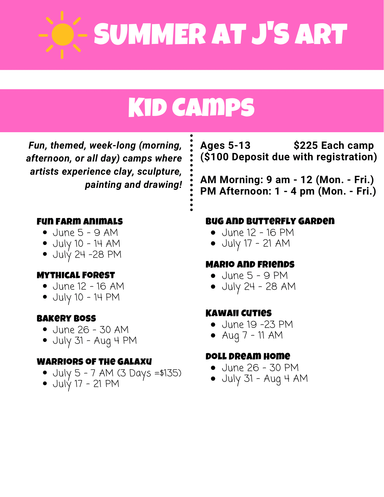 Summer Camps Information — JsArtStudio