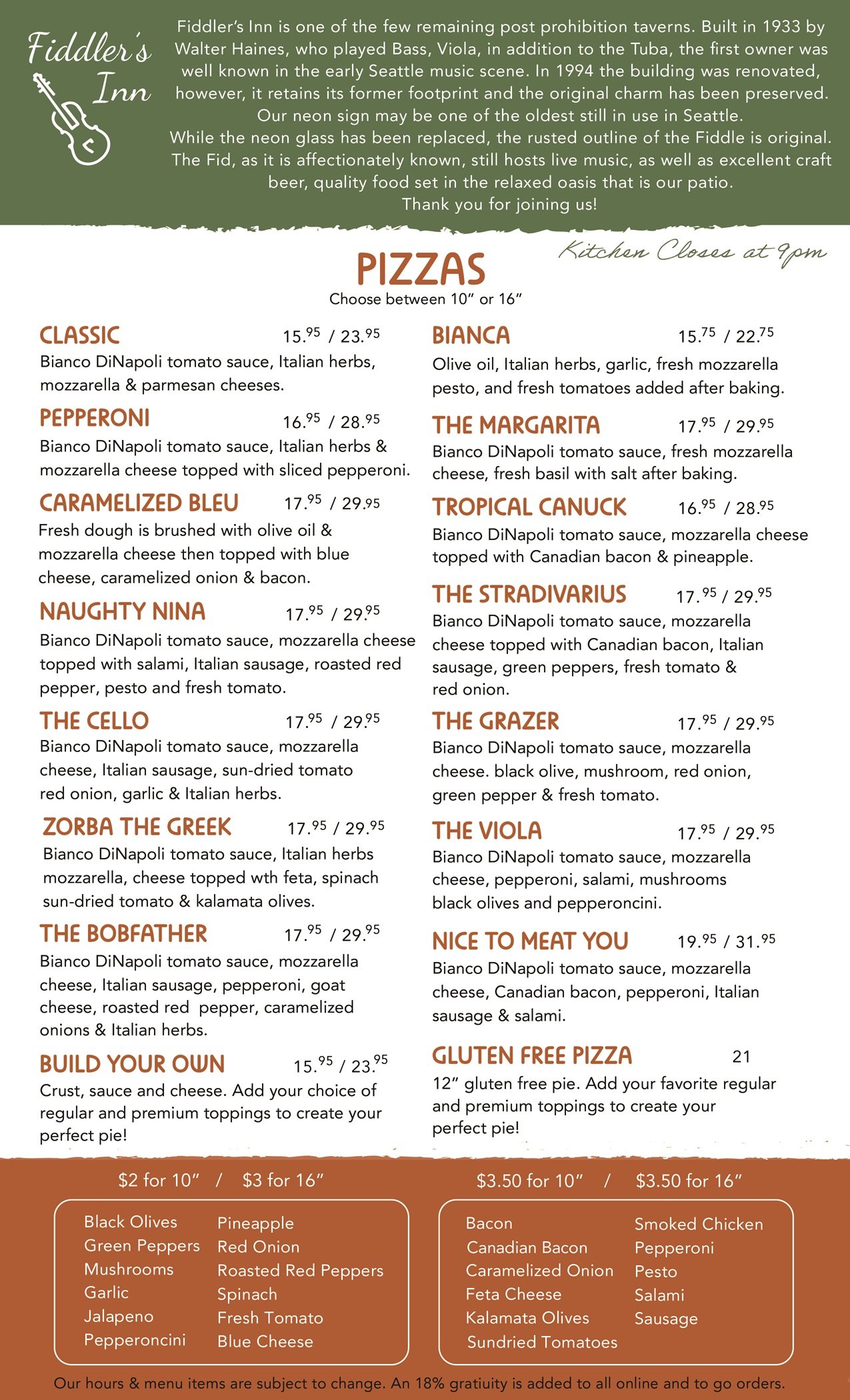 Menu — Fiddler's Inn